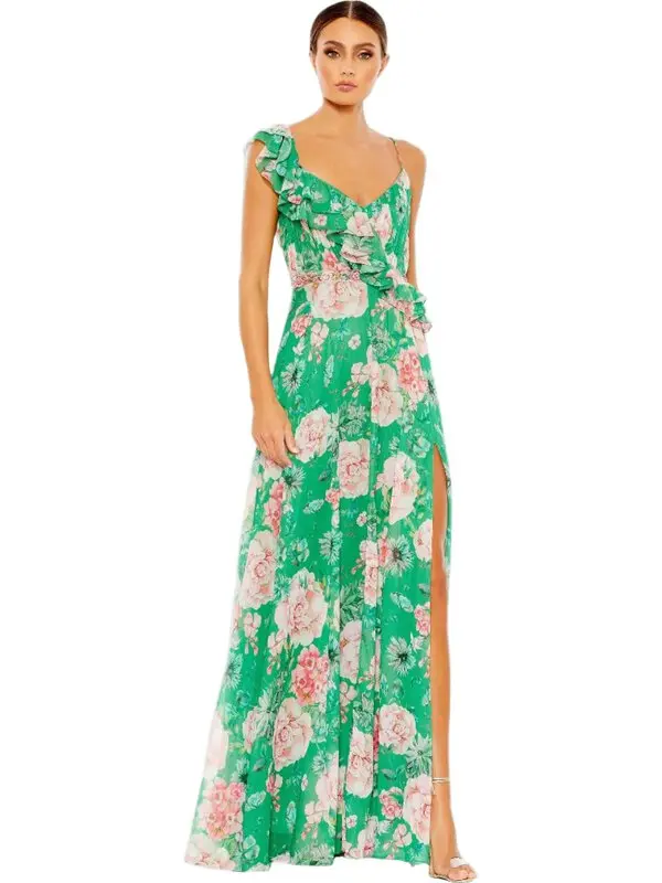 Mac Duggal Floral-printed Chiffon Maxi Dress - Green Multi
