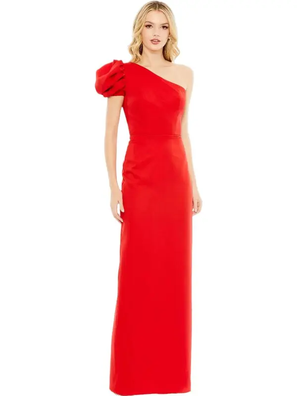 Mac Duggal One-shoulder Gown With Puff Sleeve - Red