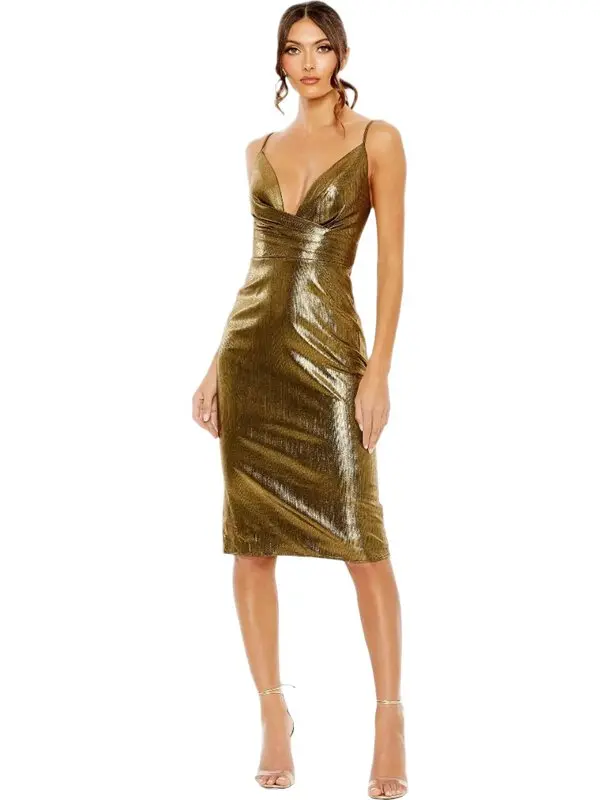 Mac Duggal Metallic Jersey V-neck Midi Dress - Gold