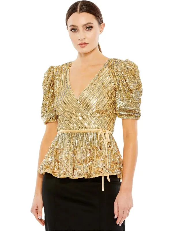 Mac Duggal Sequined Puff Sleeve Faux Wrap Top - Gold