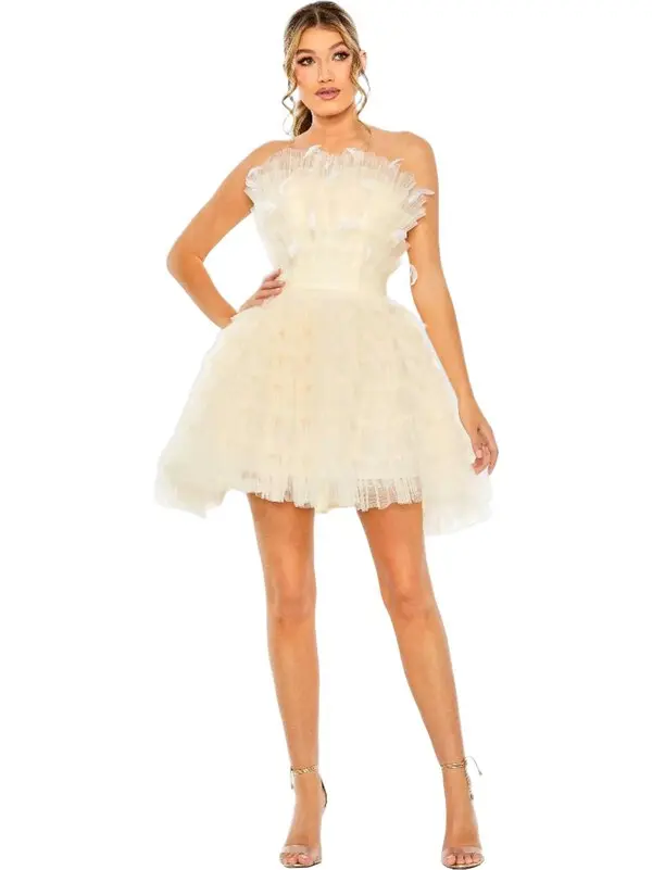 Mac Duggal Tulle Strapless Fit And Flare Dress With Feathered Bustier - Ivory