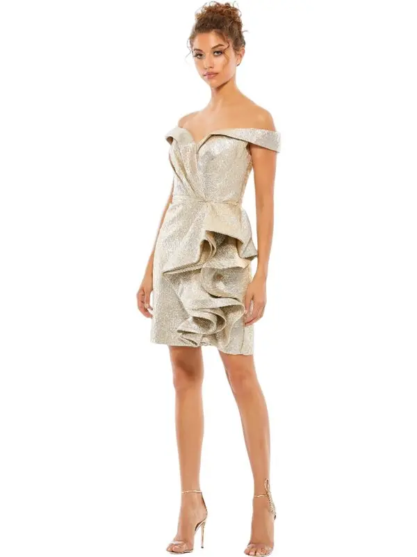Mac Duggal Metallic Off-shoulder Mini Dress With Ruffle Detail - Oyster