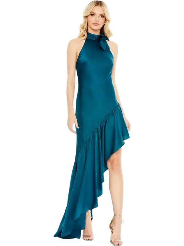 Mac Duggal Halter Neck Charmeuse Gown With Asymmetrical Ruffle Hem - Teal
