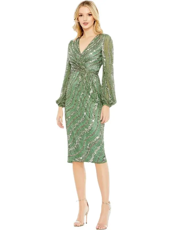 Mac Duggal Embellished Long Sleeve Midi Dress - Sage