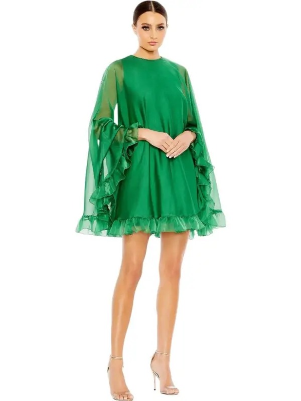 Mac Duggal High Neck Ruffle Hem Cape Mini Dress - Green