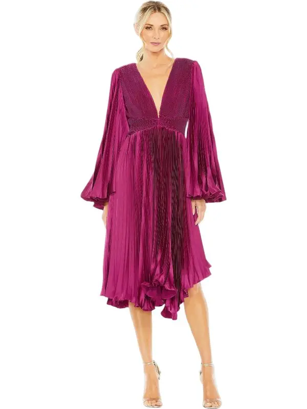Mac Duggal Long Flare Sleeve Pleated Dress - Berry