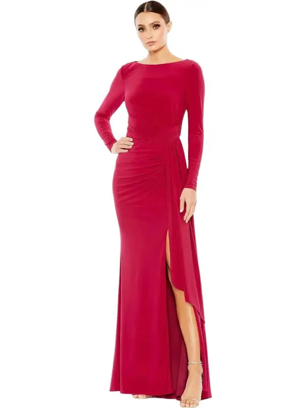 Mac Duggal Ruched Long Sleeve Boat Neck Gown - Red