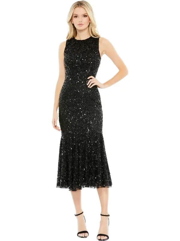Mac Duggal Sequined High Neck Sleeveless Flared Dress - Black