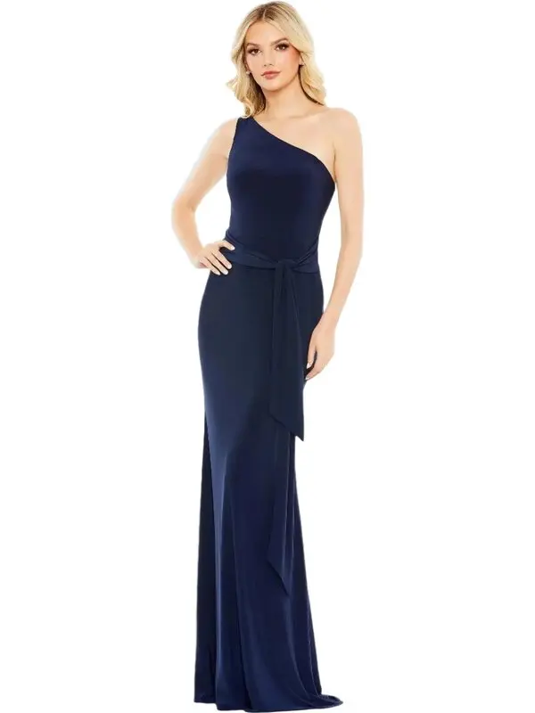 Mac Duggal Jersey One-shoulder Trumpet Gown - Navy