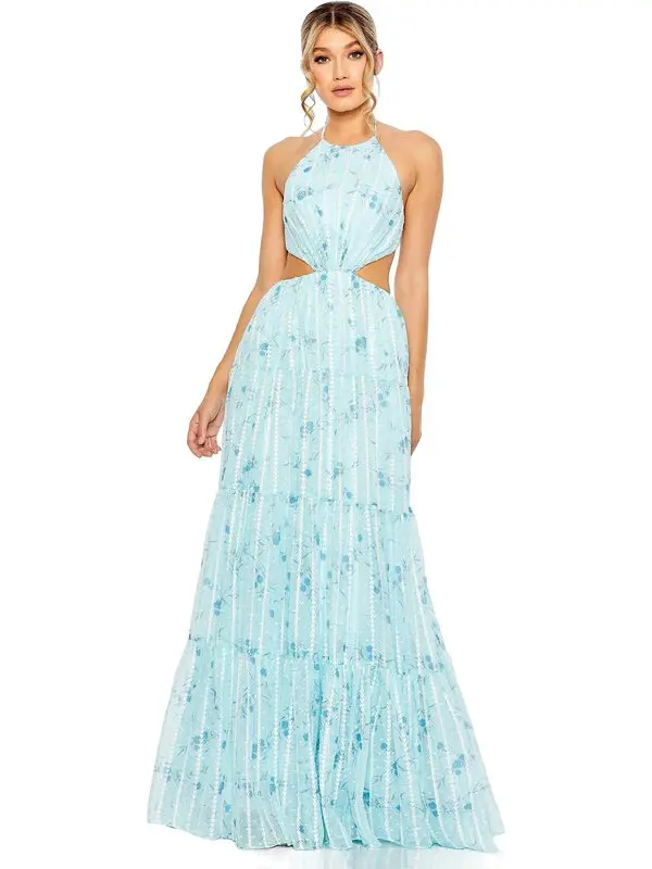 Mac Duggal Halter Neck Cut-out Floral Gown - Blue Floral