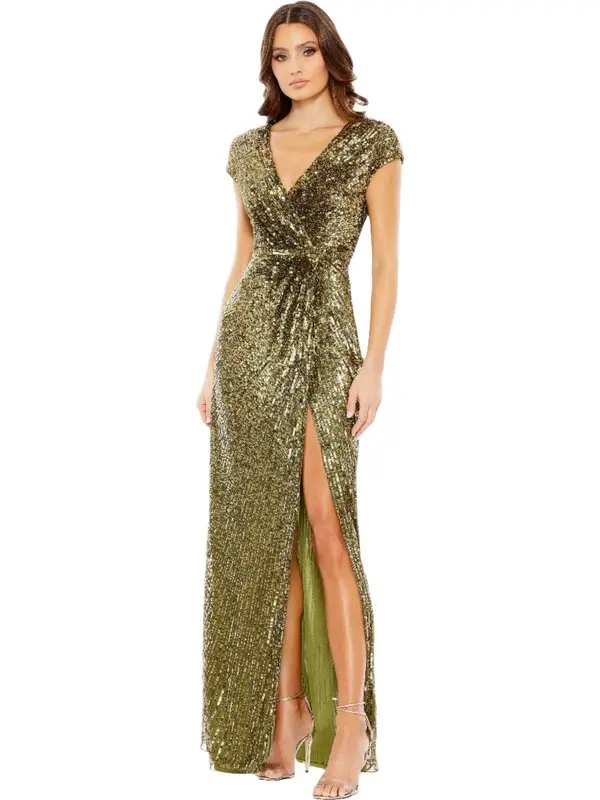 Mac Duggal Sequin V-neck Gown - Olive