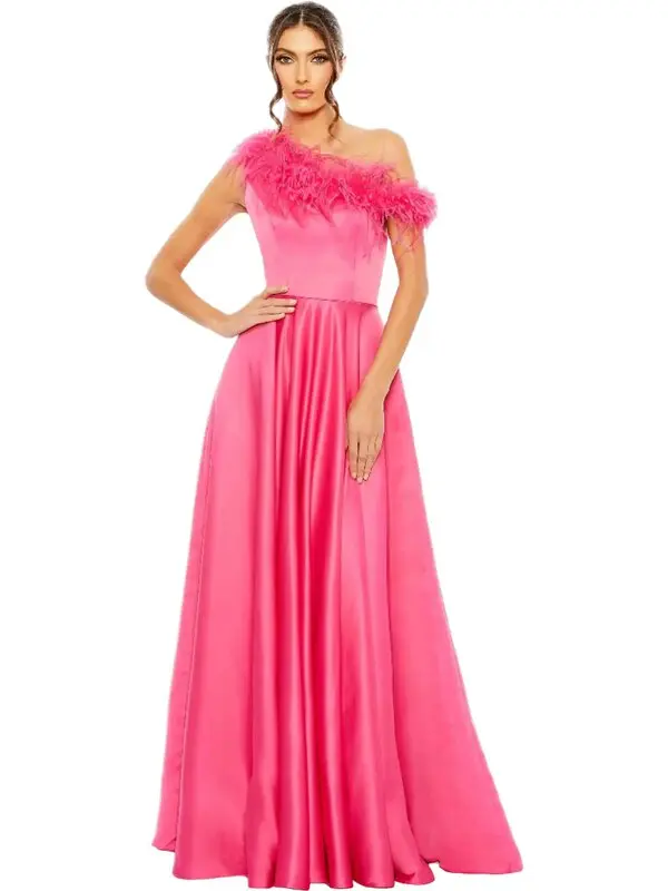 Mac Duggal Satin Gown With Feather Embellishments - Pink