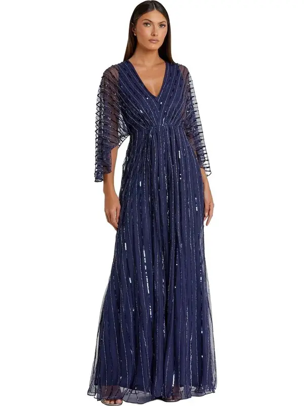 Mac Duggal Sequin-embellished Gown With Kimono Sleeves - Navy