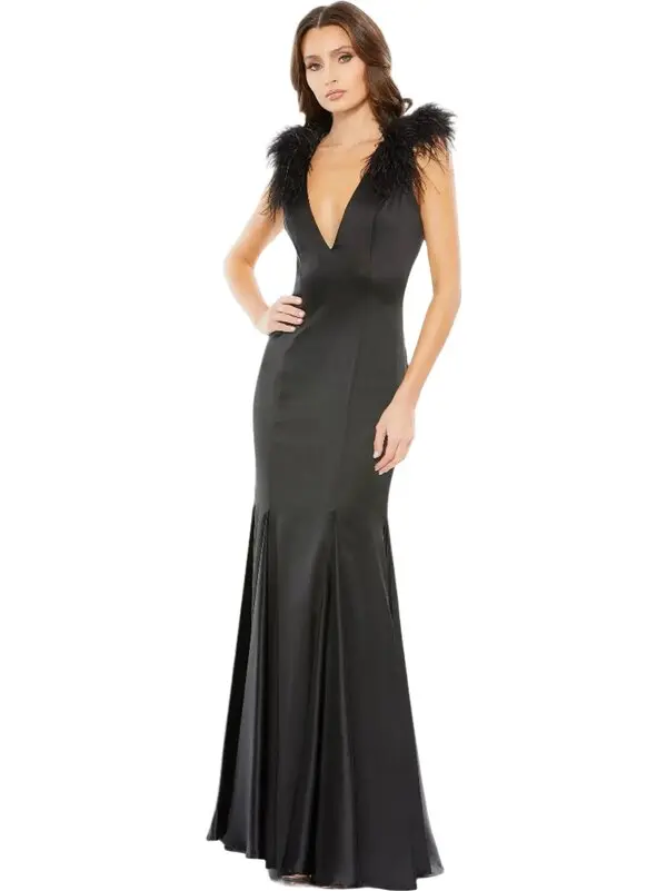 Mac Duggal Satin Feather Shoulder Gown - Black