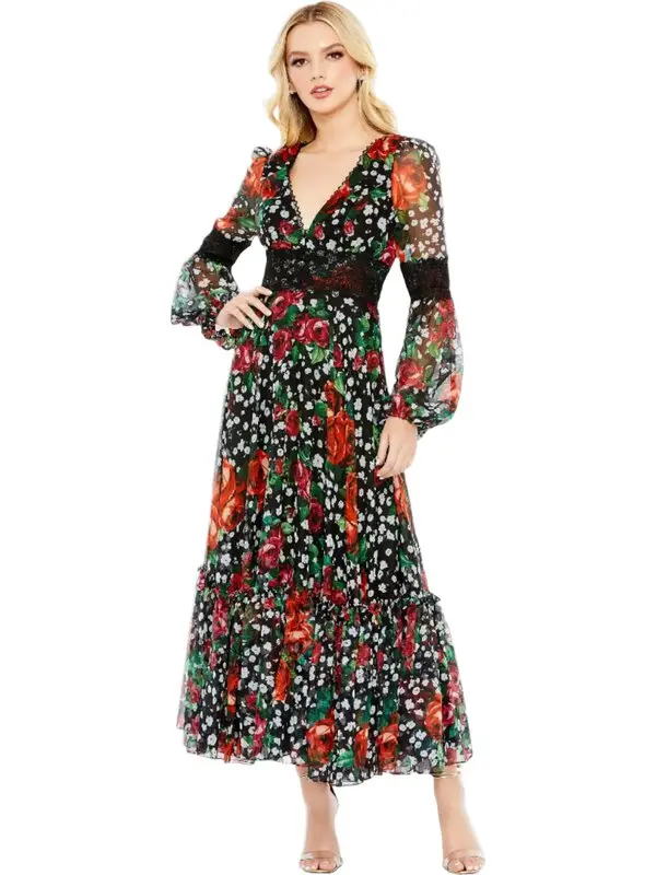 Mac Duggal Floral Print Chiffon Gown - Black Multi