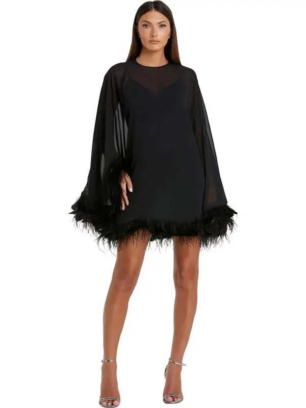 Mac Duggal Trapeze Mini Dress With Feather Trim - Black