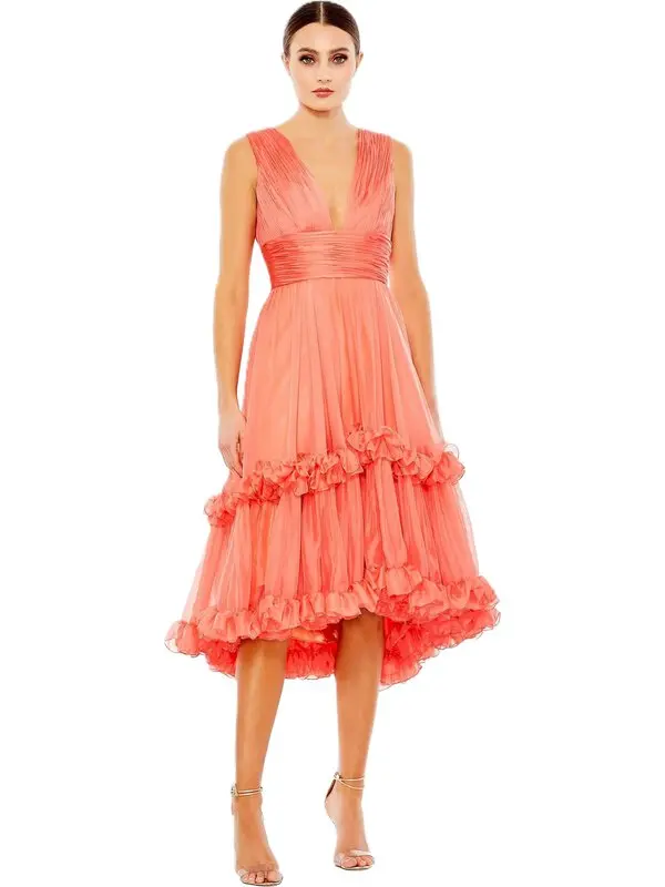 Mac Duggal Sleeveless Tiered Ruffle Midi Dress - Coral