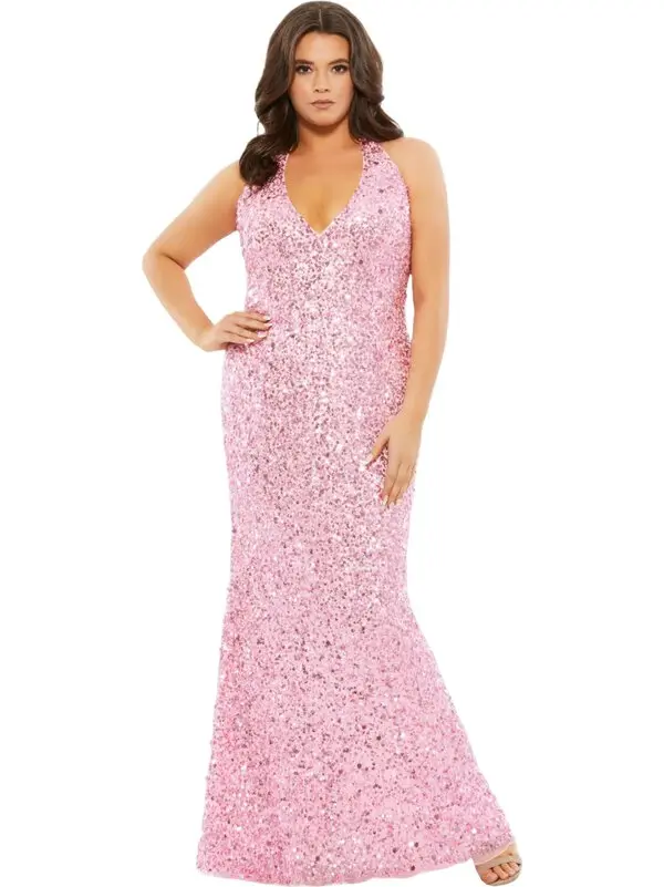 Mac Duggal Sequin Halter Trumpet Gown With Open Back - Ice Pink