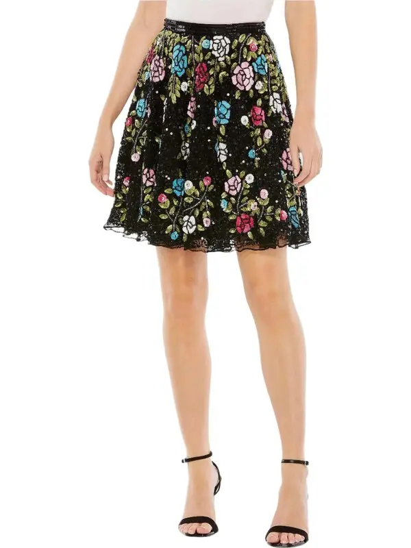 Mac Duggal Sequined Floral Flowy A-line Mini Skirt - Black Multi