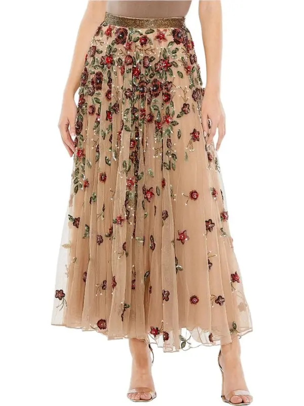 Mac Duggal Floral Beaded Long Chiffon Skirt - Coffee