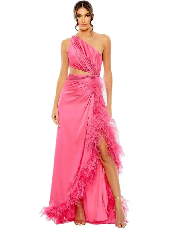 Mac Duggal Asymmetrical One-shoulder Feathered Gown - Pink