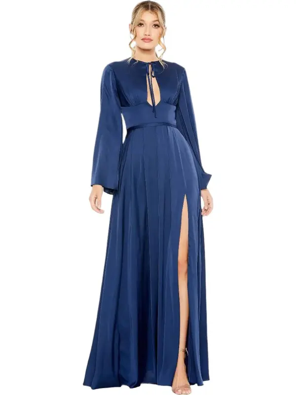 Mac Duggal Charmeuse Soft Tie Keyhole Bell Sleeve Gown - Midnight