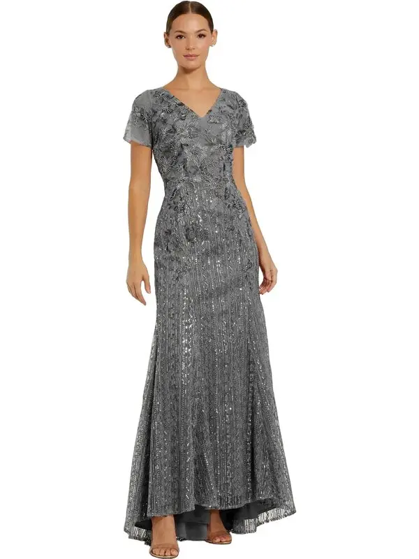 Mac Duggal Embroidered Trumpet Gown With Cap Sleeves - Gray