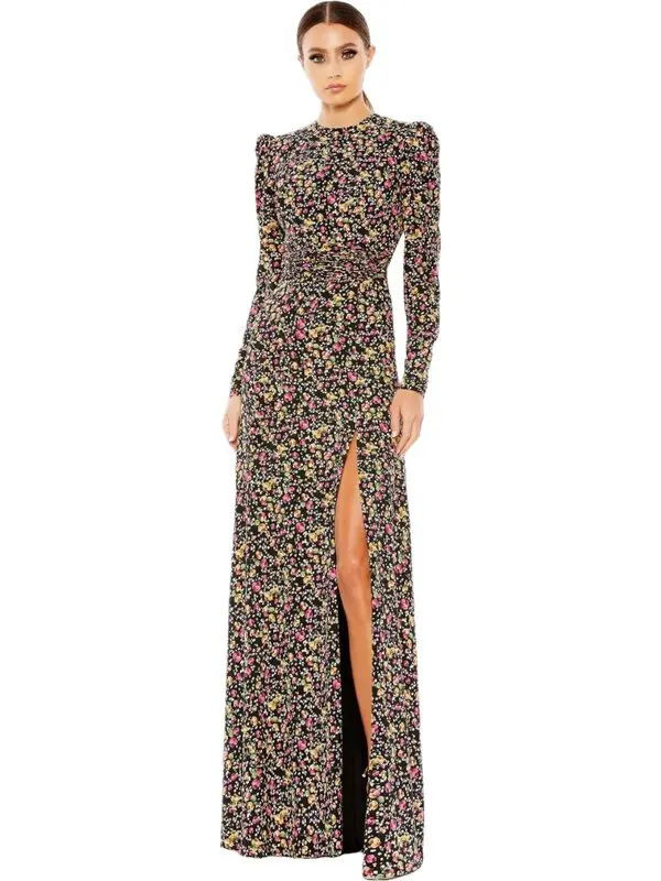 Mac Duggal Floral Printed Gown With Slit - Black Multi