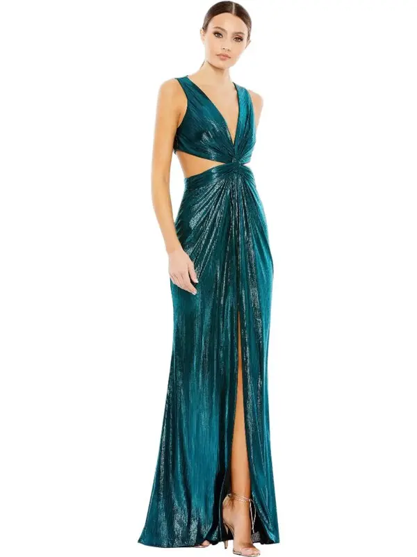 Mac Duggal Metallic Cut-out Gown With High Slit - Teal