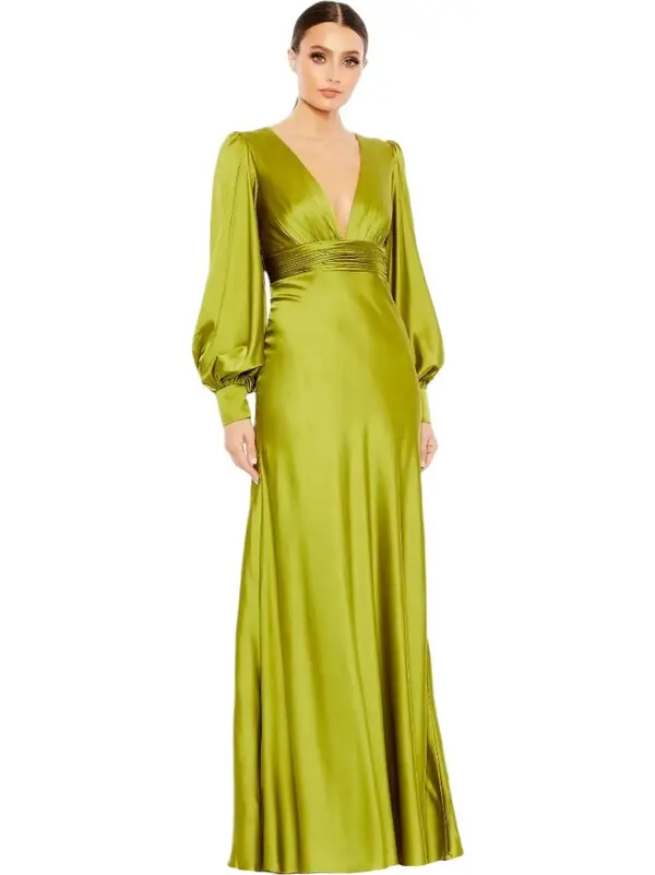 Mac Duggal Charmeuse Gown With Bishop Sleeves - Green