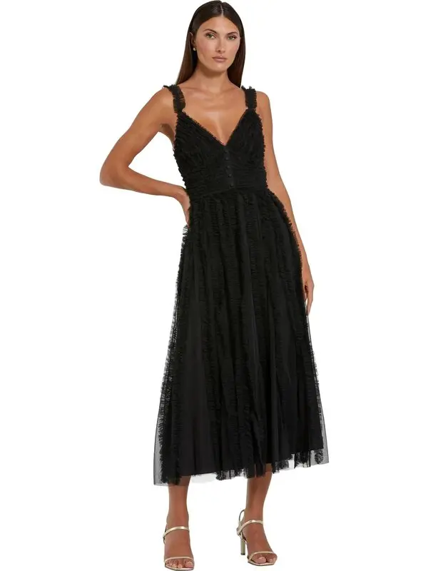 Mac Duggal Sleeveless Tiered Ruffle Tea-length Dress - Black