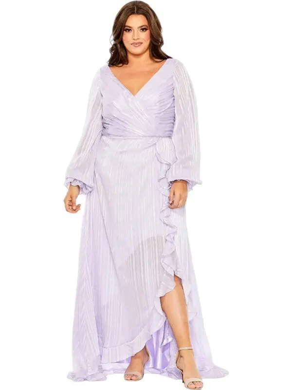 Mac Duggal Striped Faux Wrap Bishop Sleeve Gown - Lilac