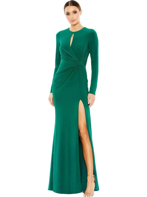 Mac Duggal Long Sleeve Keyhole Draped Gown - Green