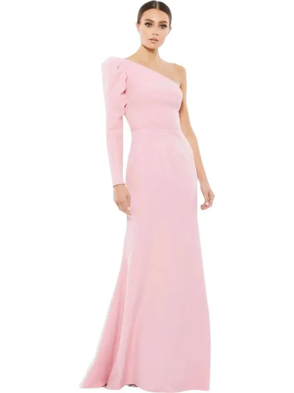 Mac Duggal One-shoulder Trumpet Gown With Puff Sleeve - Pink