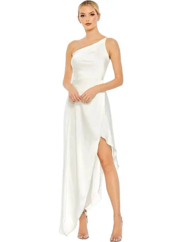 Mac Duggal One-shoulder Draped Satin Hi-low Gown - White