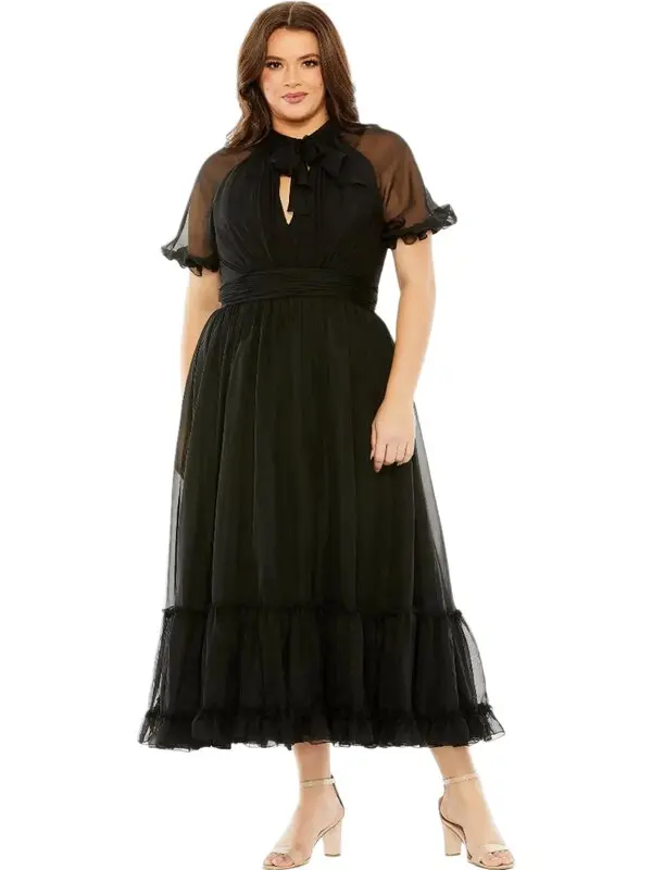 Mac Duggal Sheer Puff Sleeve Dress - Black