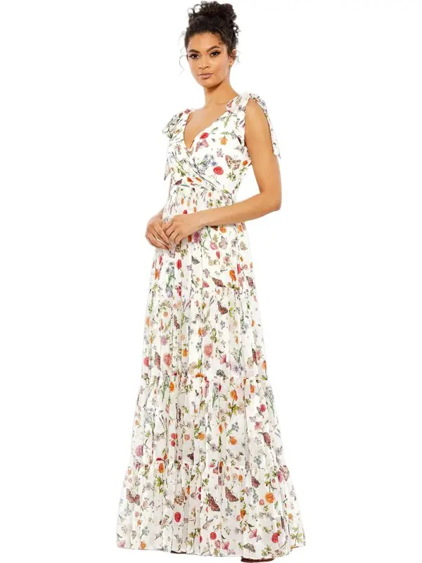 Mac Duggal Floral Print Sleeveless Gown With Tie Shoulders - White Multi