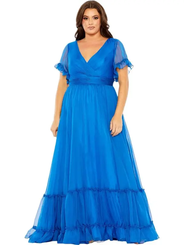 Mac Duggal Chiffon Gown With Ruffled Sleeves - Ocean Blue