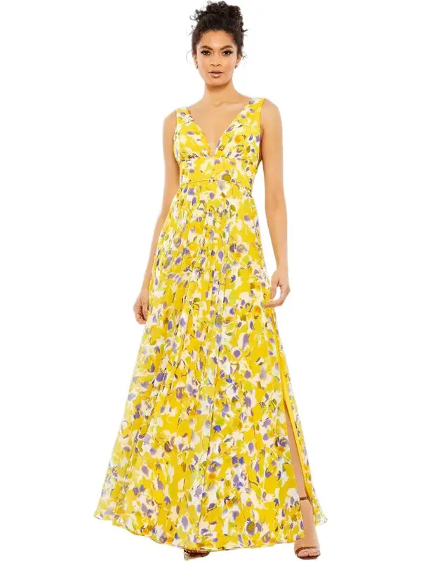 Mac Duggal Floral-printed Chiffon V-neck Gown - Yellow Multi