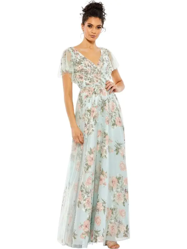 Mac Duggal Floral Flutter Sleeve V-neck Maxi Dress - Blue Multi