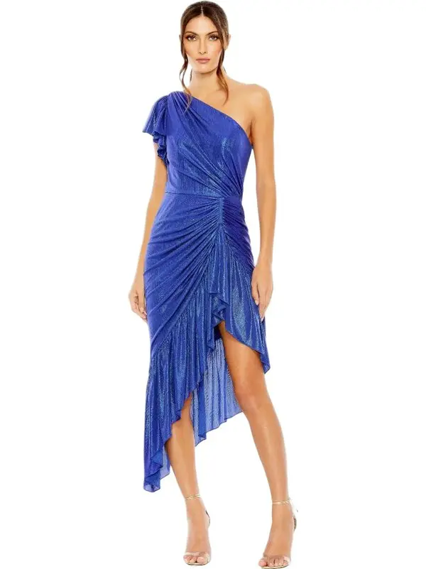 Mac Duggal One-shoulder High-low Dress With Flutter Sleeve - Blue