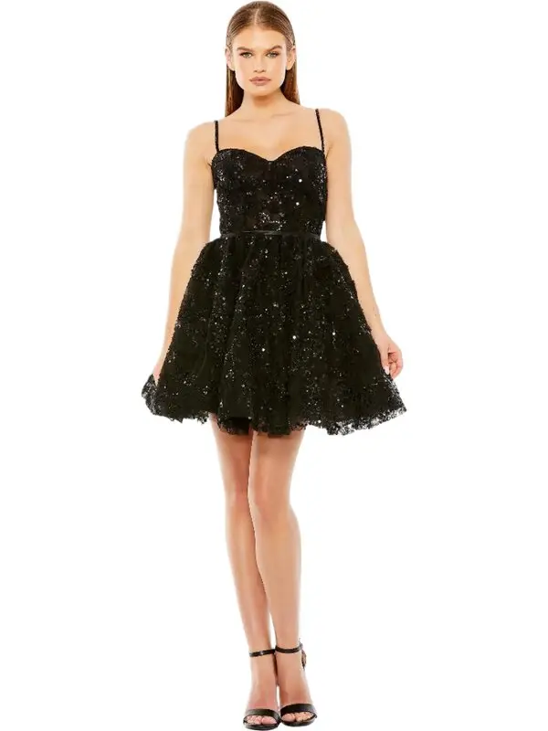 Mac Duggal Beaded Strap Bustier Sequin Mini Dress - Black