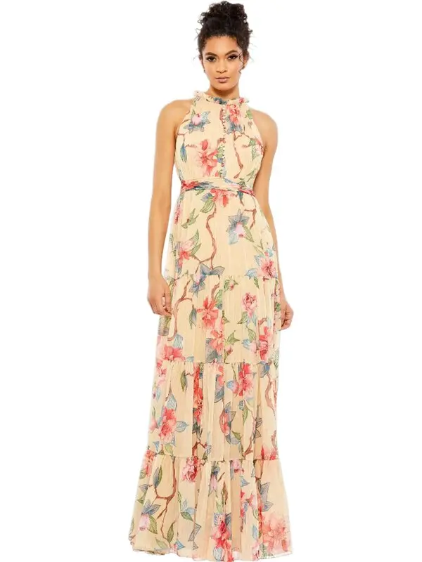 Mac Duggal Floral Chiffon Maxi Dress - Nude Multi