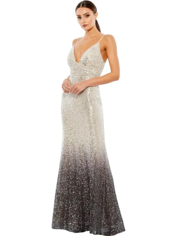 Mac Duggal Ombre Sequin Gown With Plunging Neckline - Charcoal