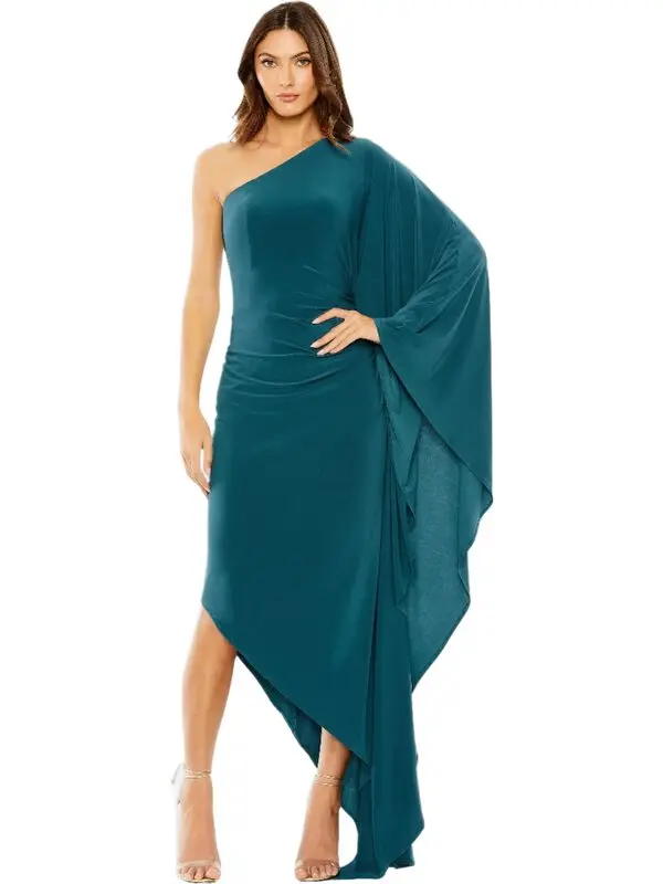 Mac Duggal One-shoulder Jersey Dress With Cape Sleeve And Ruched Detail - Blue