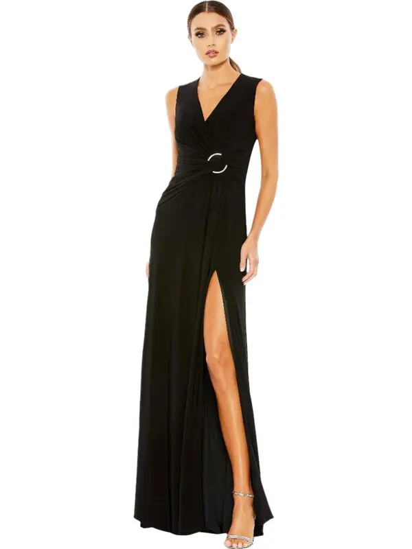 Mac Duggal Draped Jersey Gown With Rhinestone Ring - Black