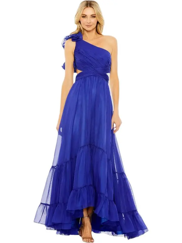 Mac Duggal One-shoulder Ruffle Tiered Chiffon Gown With Cut-outs - Cobalt