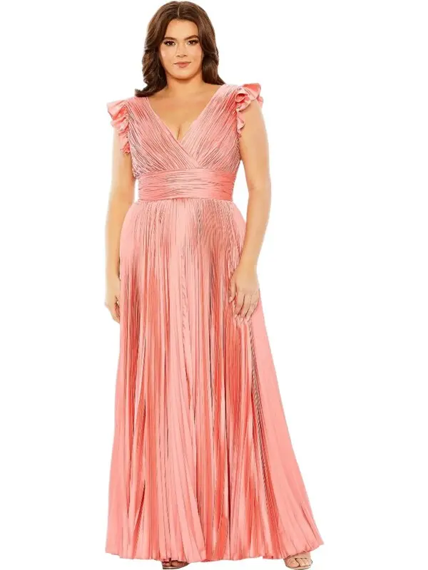 Mac Duggal Flutter Sleeve Pleated V-neck Gown - Pink