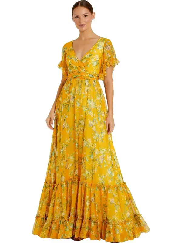 Mac Duggal Flounce Sleeve Floral Maxi Dress - Yellow