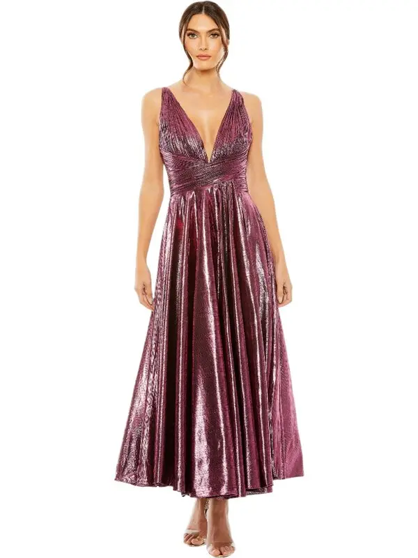 Mac Duggal Sleeveless V-neck Pleated Metallic Dress - Pink